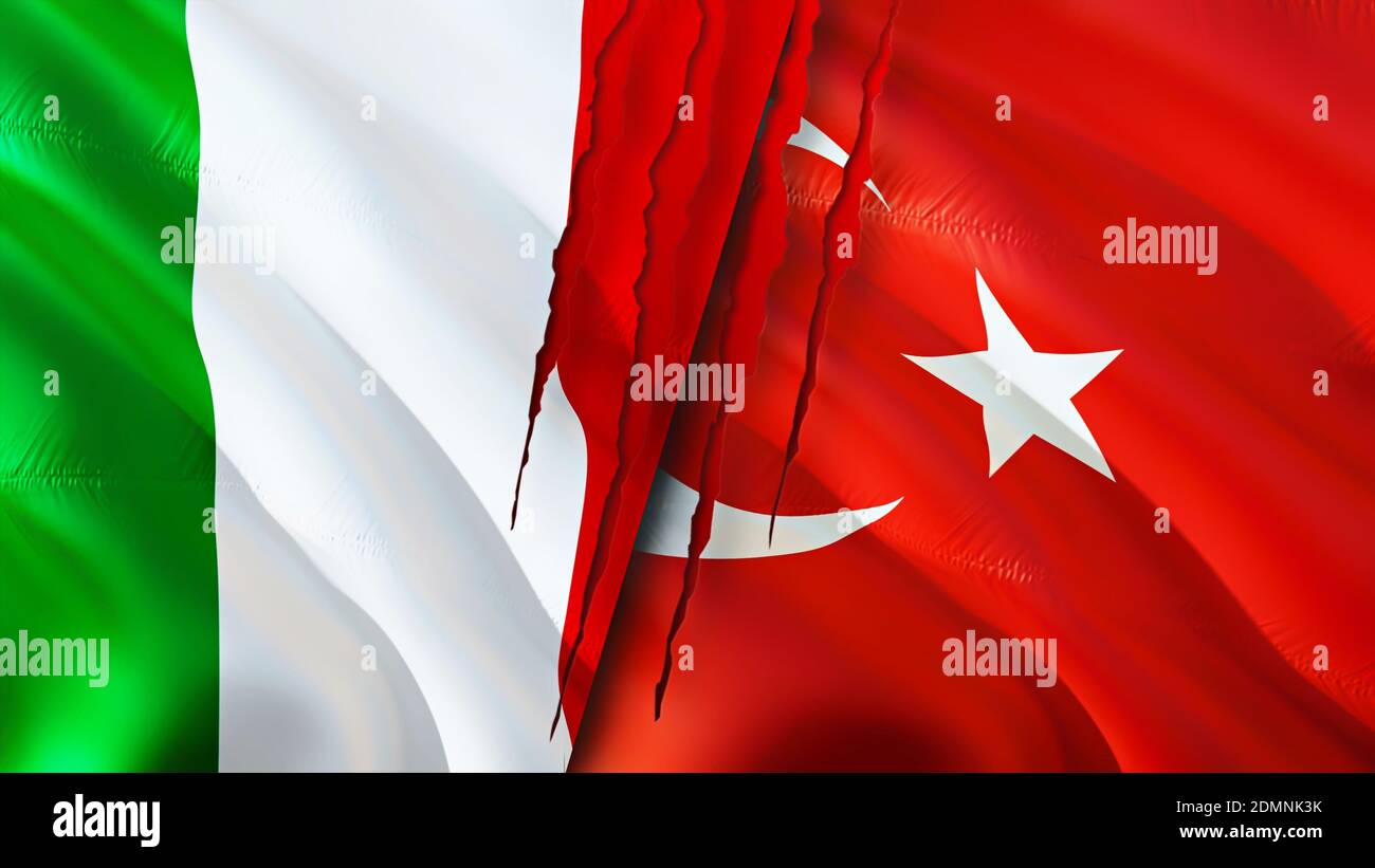 Italy and Turkey flags with scar concept. Waving flag,3D rendering ...