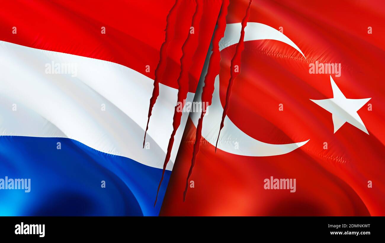 Netherlands and Turkey flags with scar concept. Waving flag,3D ...