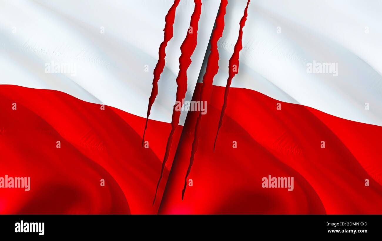 Poland and Poland flags with scar concept. Waving flag,3D rendering ...