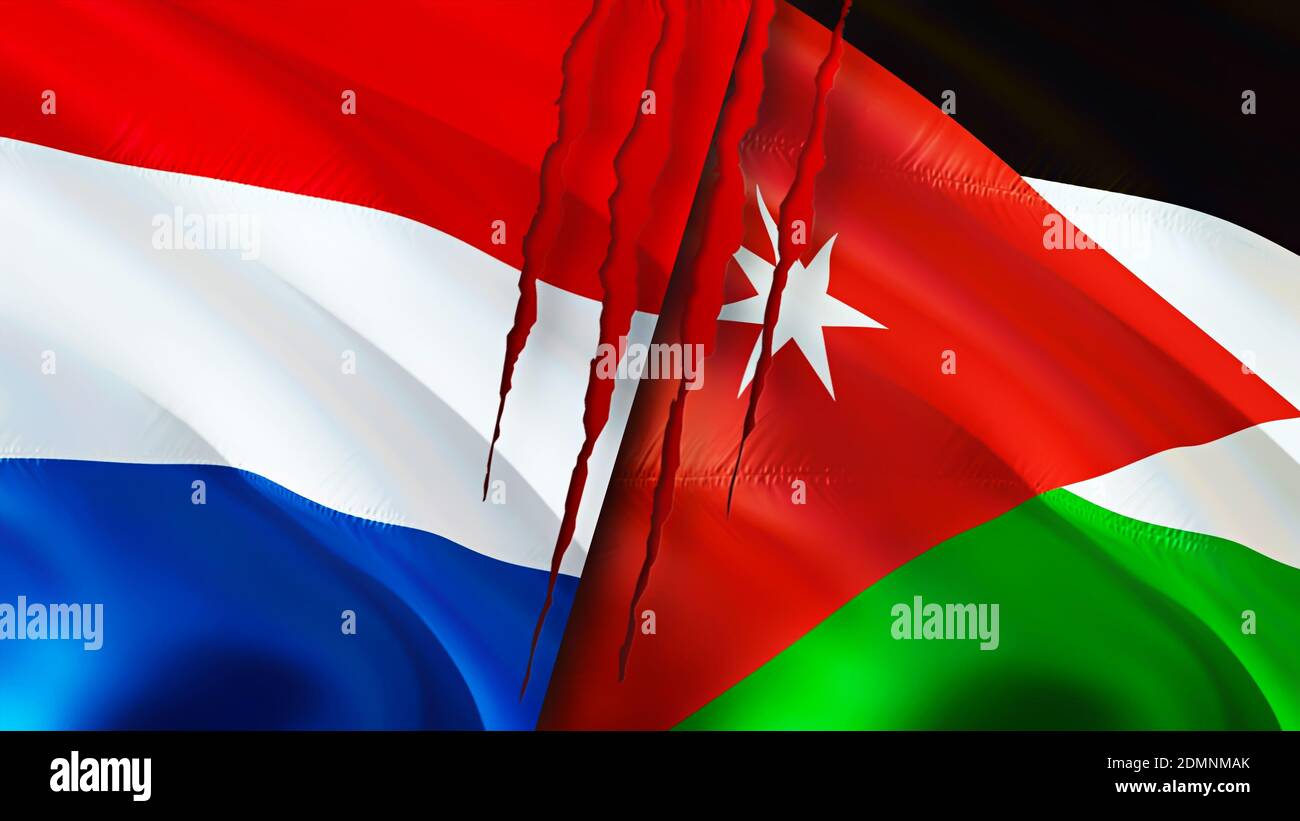 Netherlands and Jordan flags with scar concept. Waving flag,3D ...