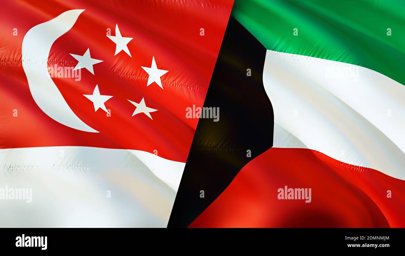 Singapore and Kuwait flags. 3D Waving flag design. Singapore Kuwait ...