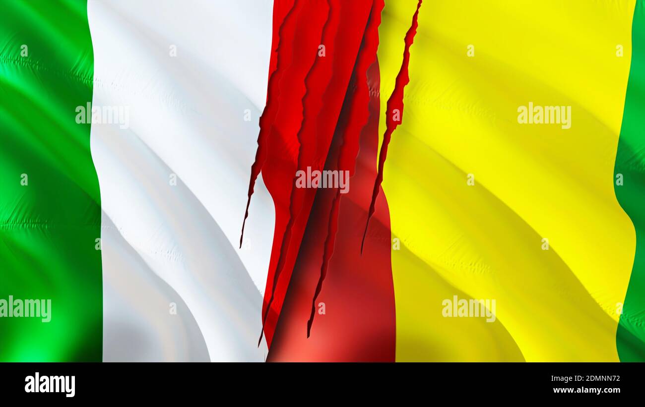 Italy and Guinea flags with scar concept. Waving flag,3D rendering ...