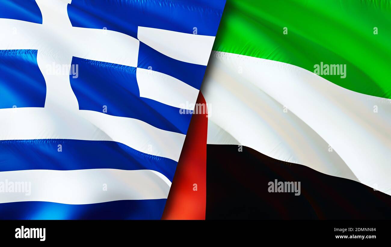 Greece and United Arab Emirates flags. 3D Waving flag design. Greece ...