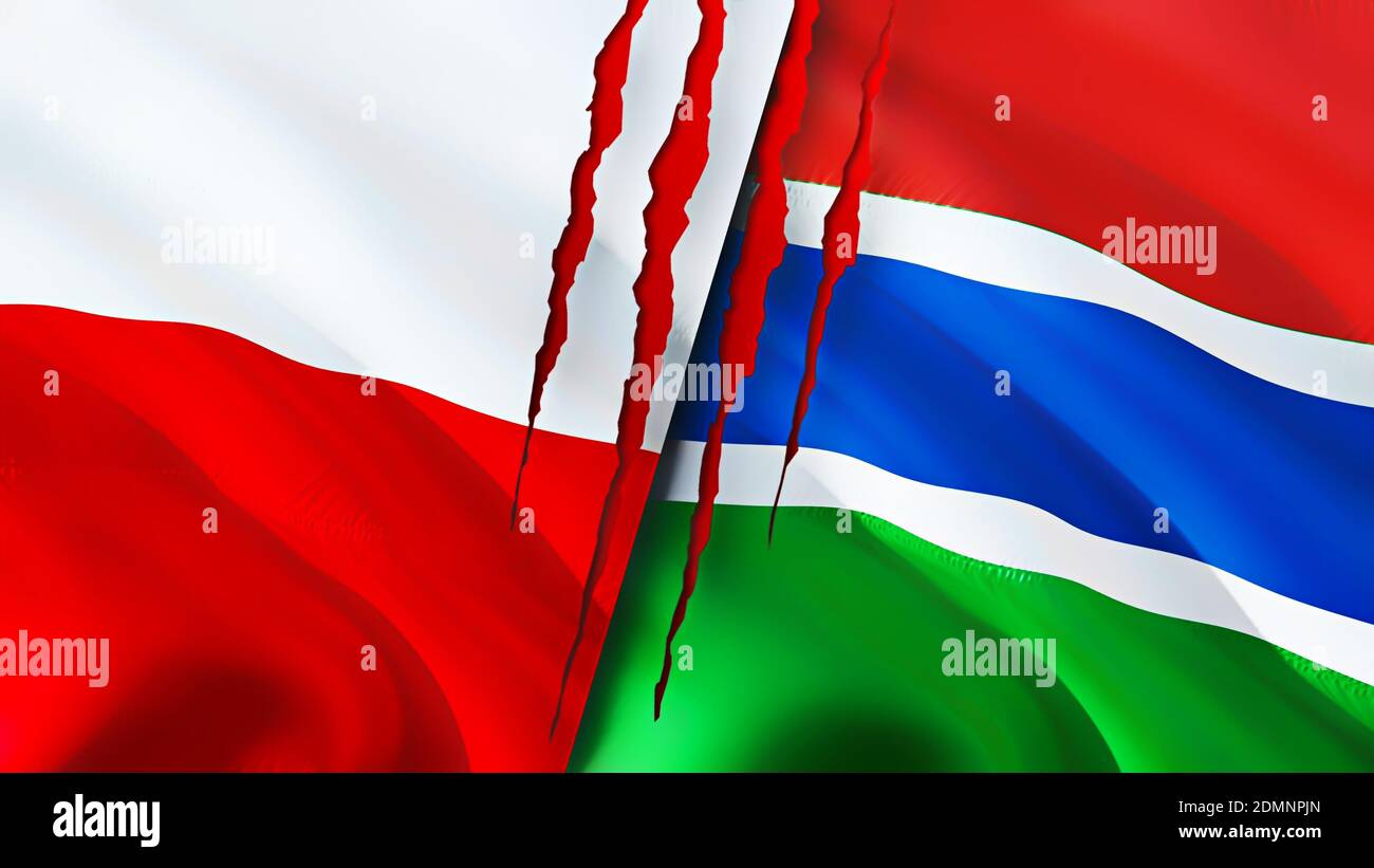 Poland and Gambia flags with scar concept. Waving flag,3D rendering ...