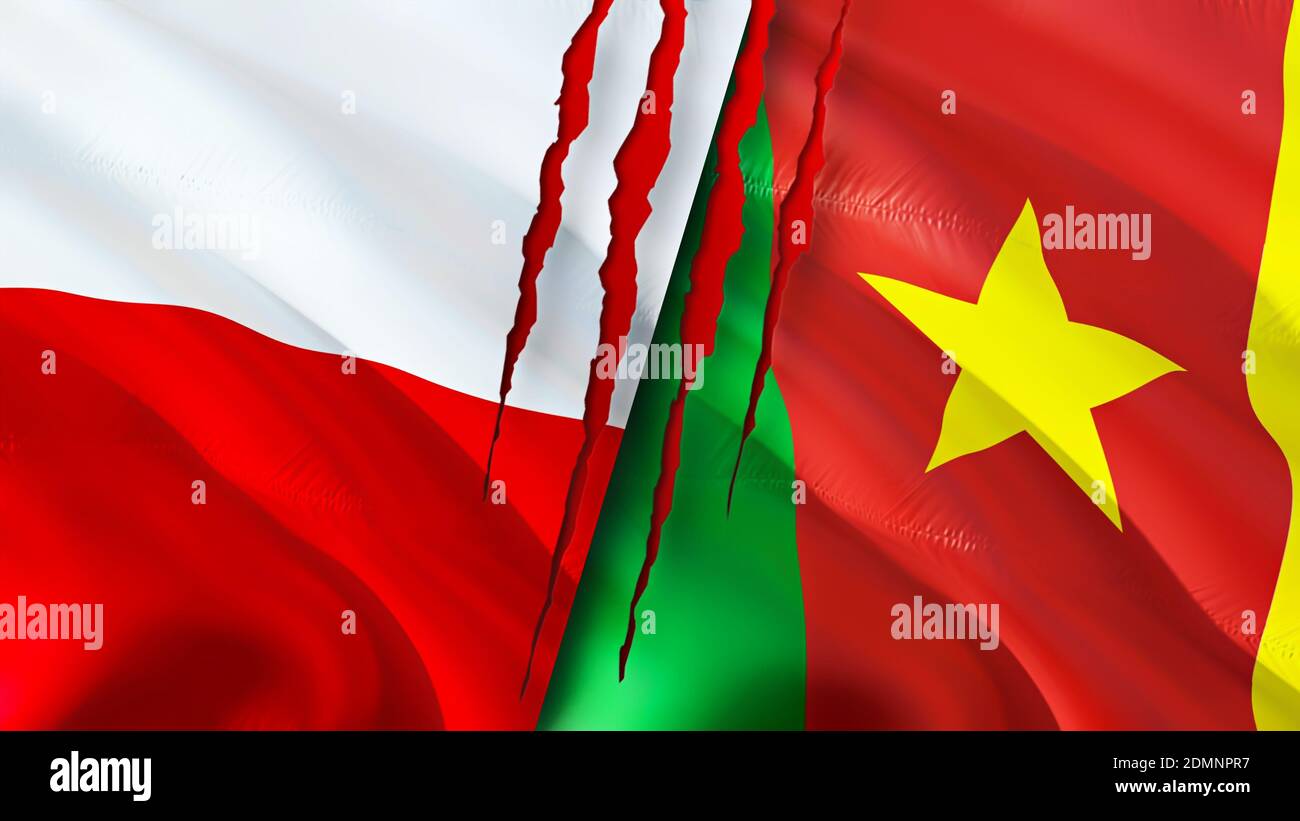 Poland and Cameroon flags with scar concept. Waving flag,3D rendering ...