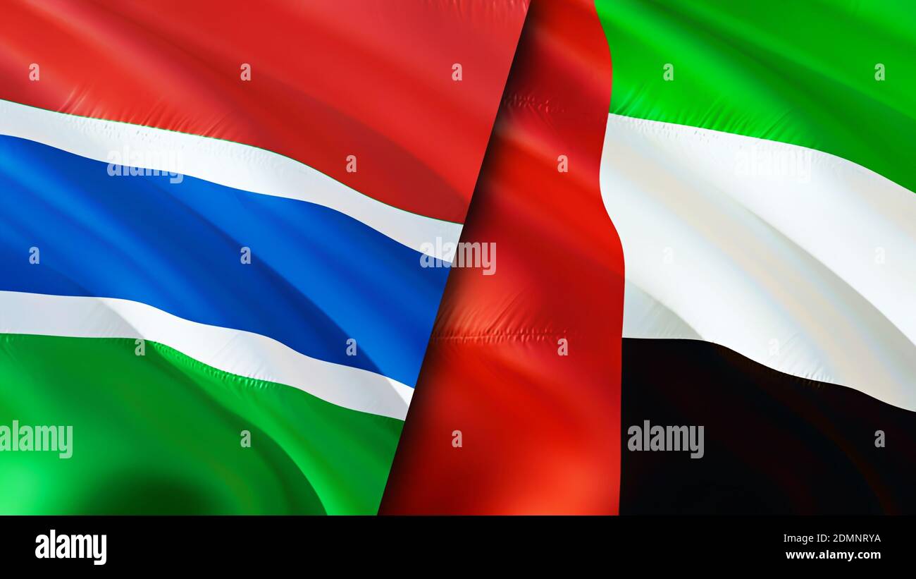 Gambia and United Arab Emirates flags. 3D Waving flag design. Gambia ...