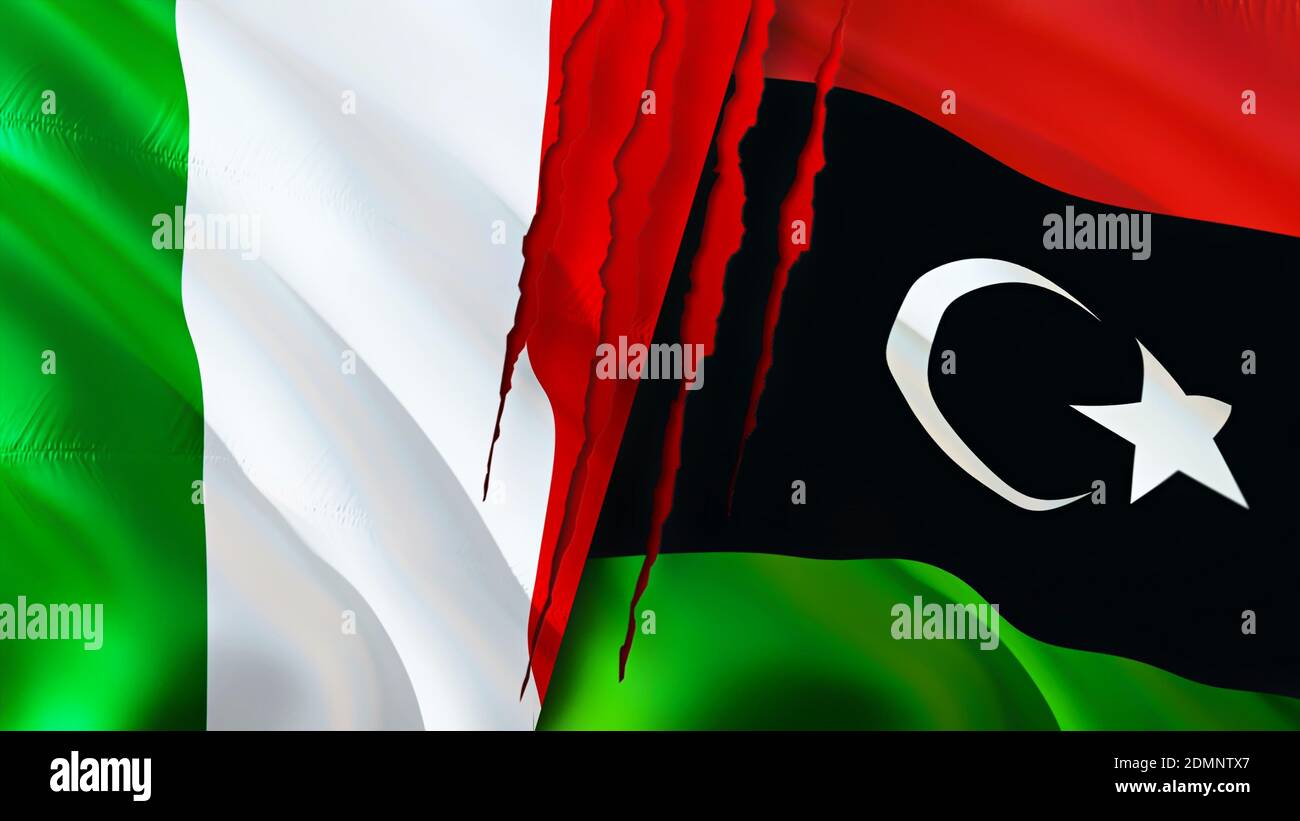 Italy and Libya flags with scar concept. Waving flag,3D rendering ...