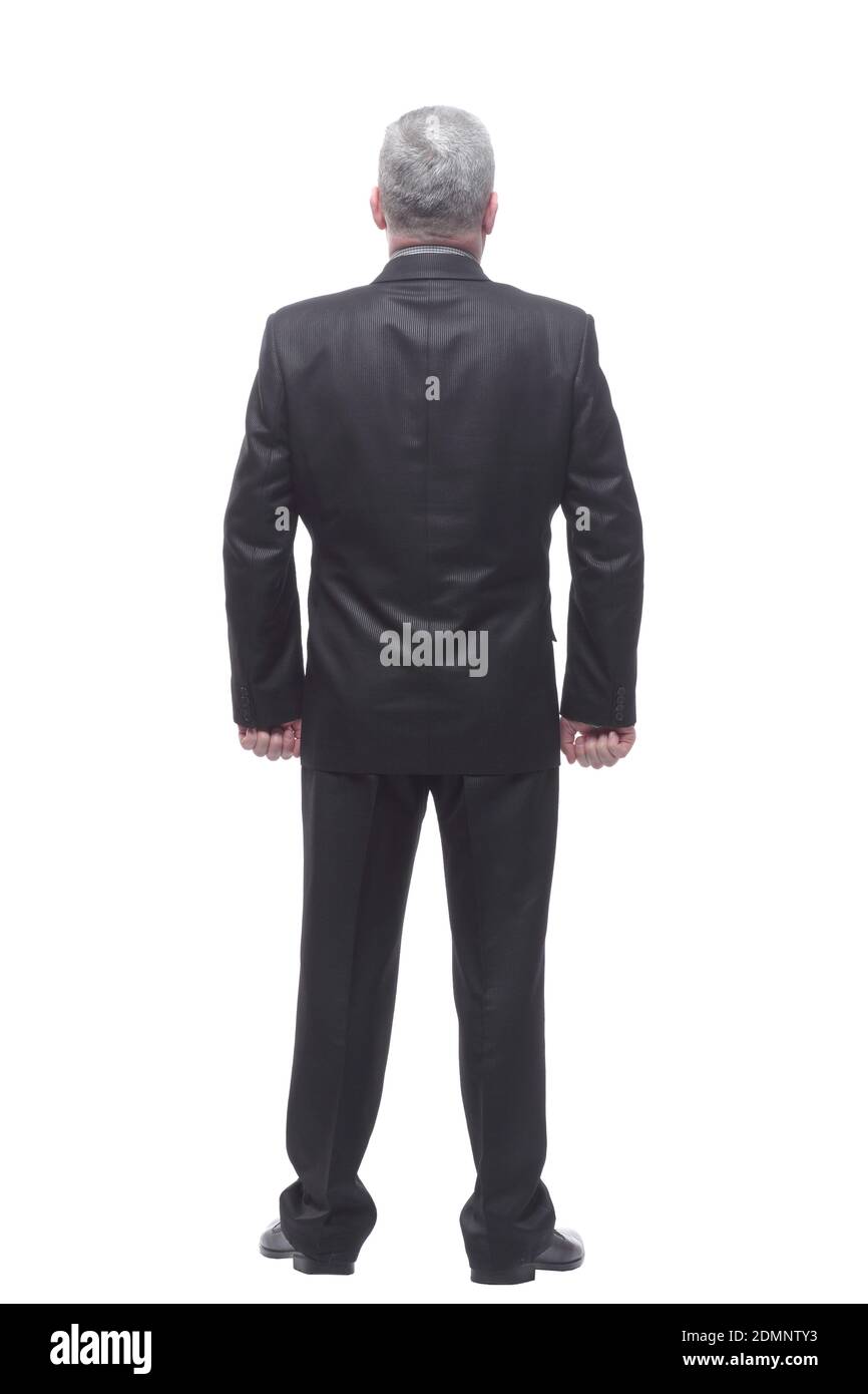 Thoughtful businessman standing back to camera on white background ...