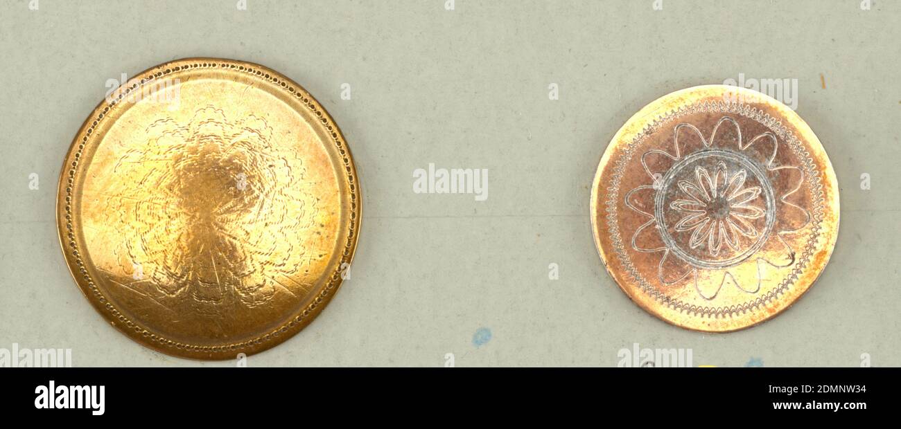 Button, Copper, Four flat circular buttons decorated with fine ...