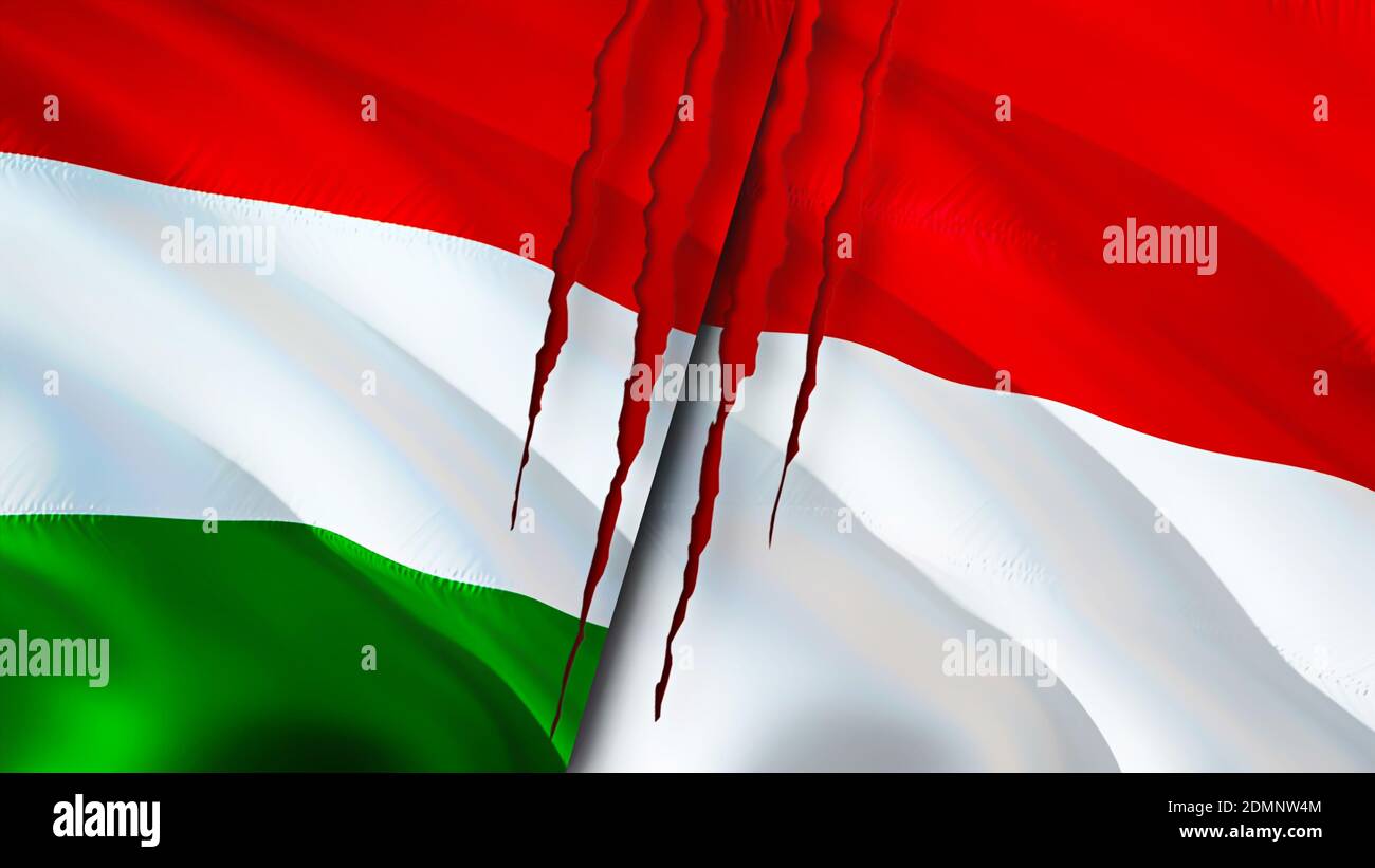 Hungary and Monaco flags with scar concept. Waving flag,3D rendering ...