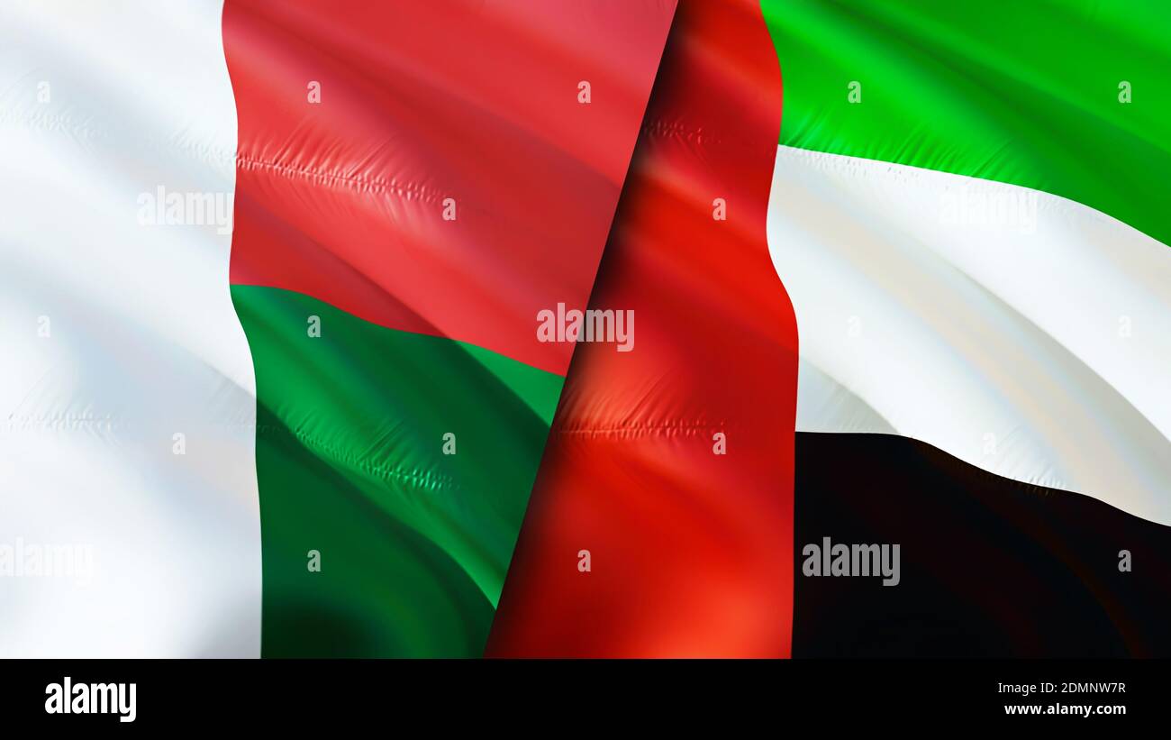 Madagascar and United Arab Emirates flags. 3D Waving flag design ...