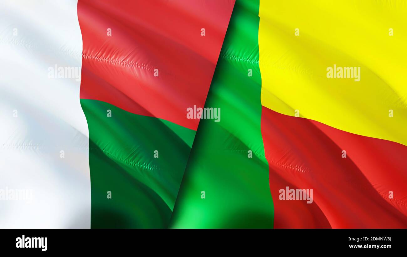 Madagascar and Benin flags. 3D Waving flag design. Madagascar Benin ...