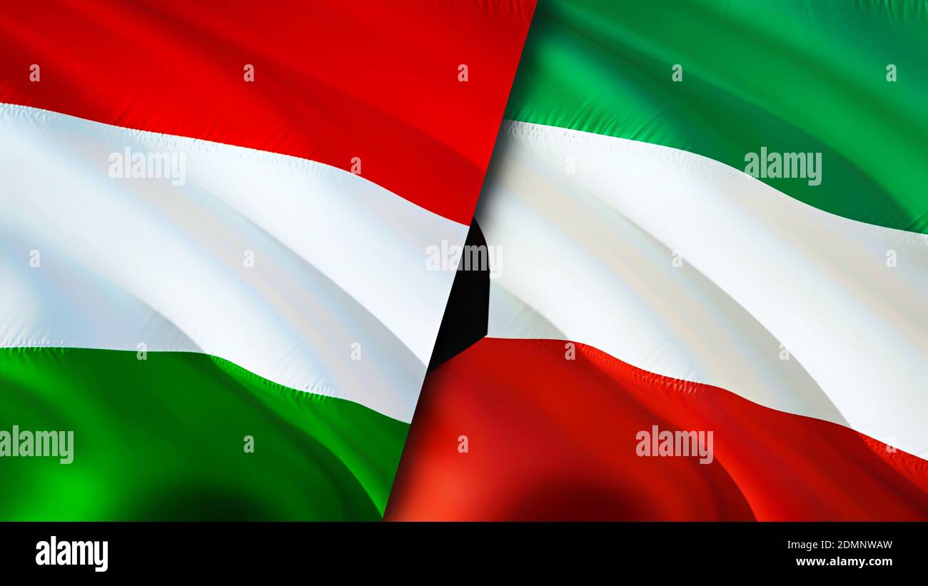 Hungary and Kuwait flags. 3D Waving flag design. Hungary Kuwait flag ...