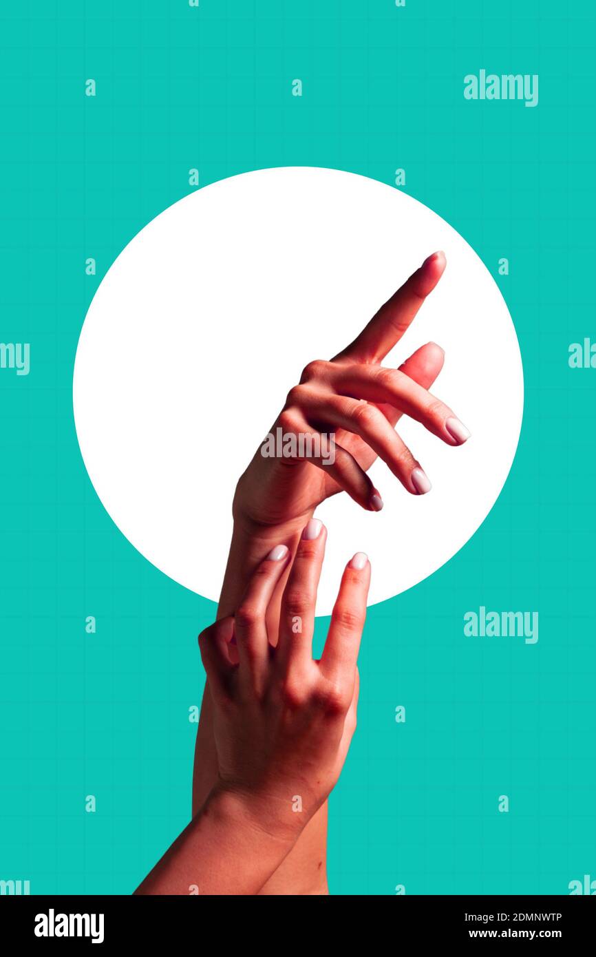 Vertical art collage. Human hands isolated over blue and white ...