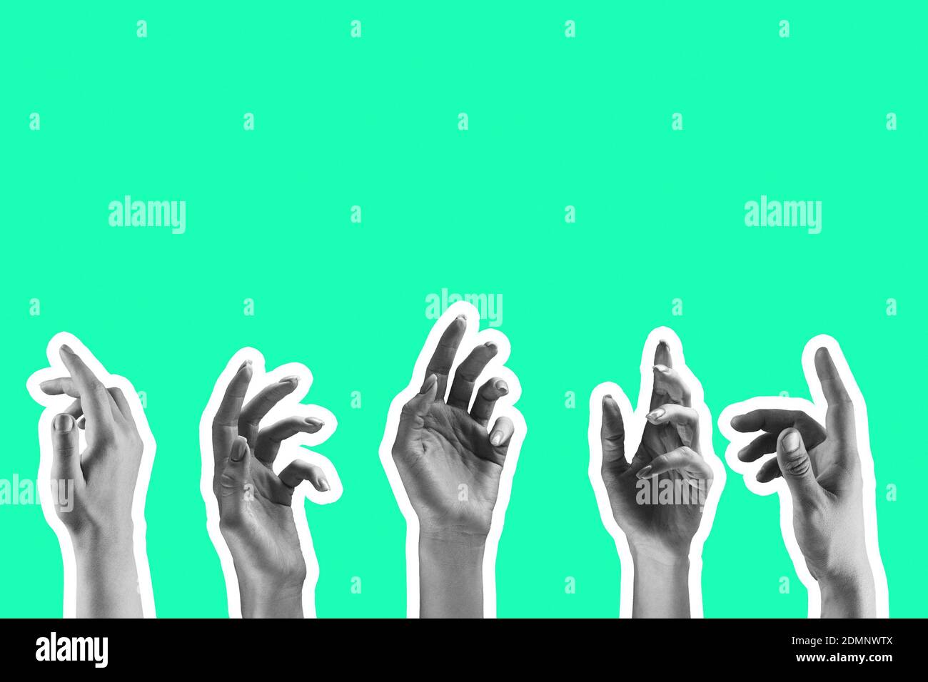 Art collage. Five open hands showing their palm isolated over green ...