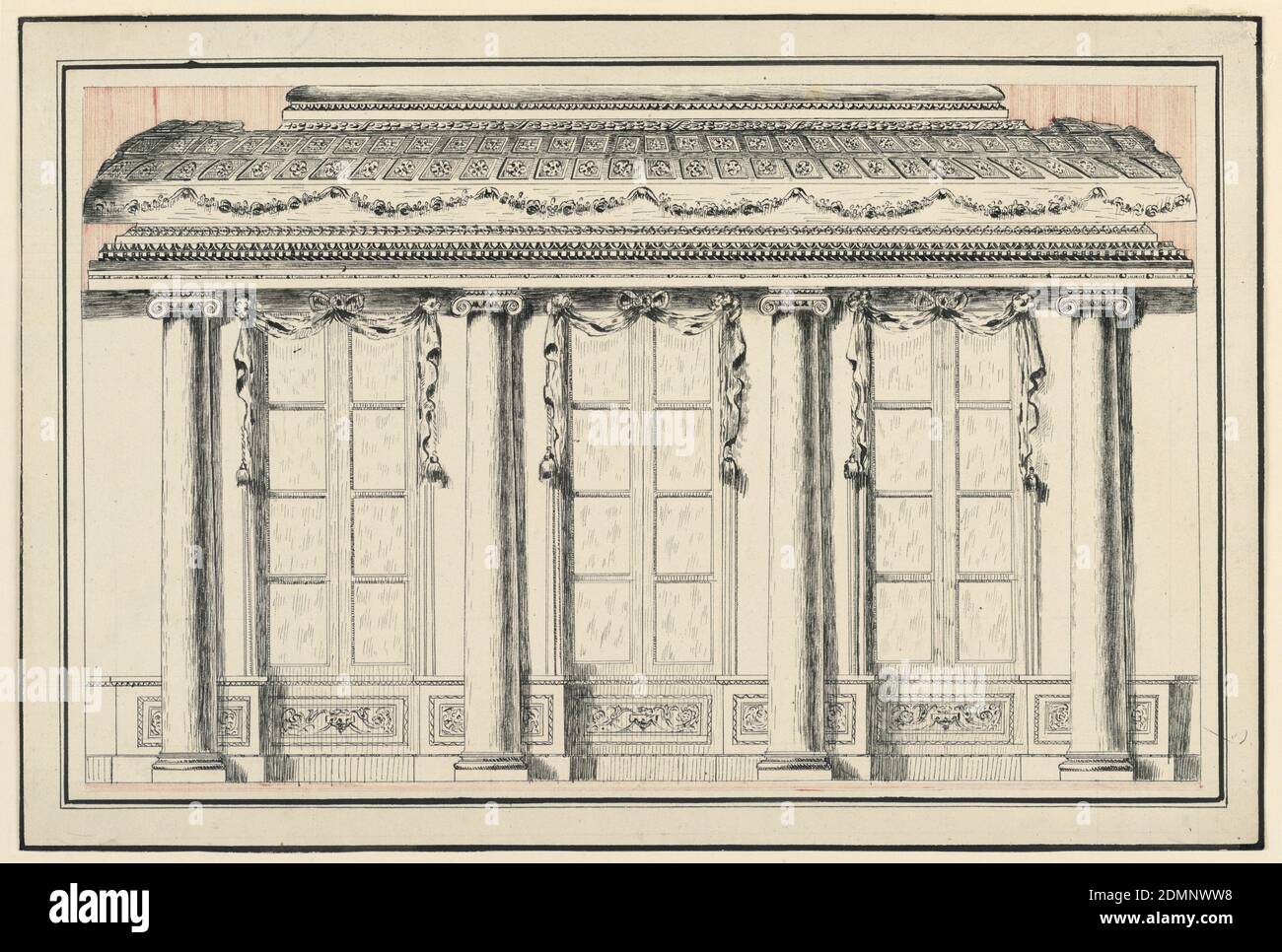 Elevation of a Salon, Pen with red and black ink, Three bays separated ...