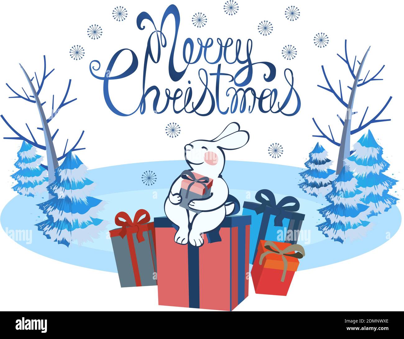 Vector Christmas card with rabbit. Handwritten lettering Merry ...