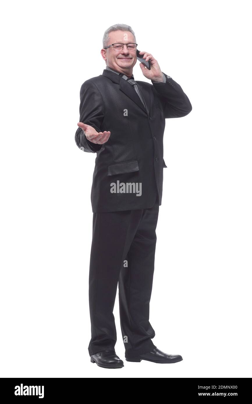 Business man talking on the phone standing over white background Stock ...
