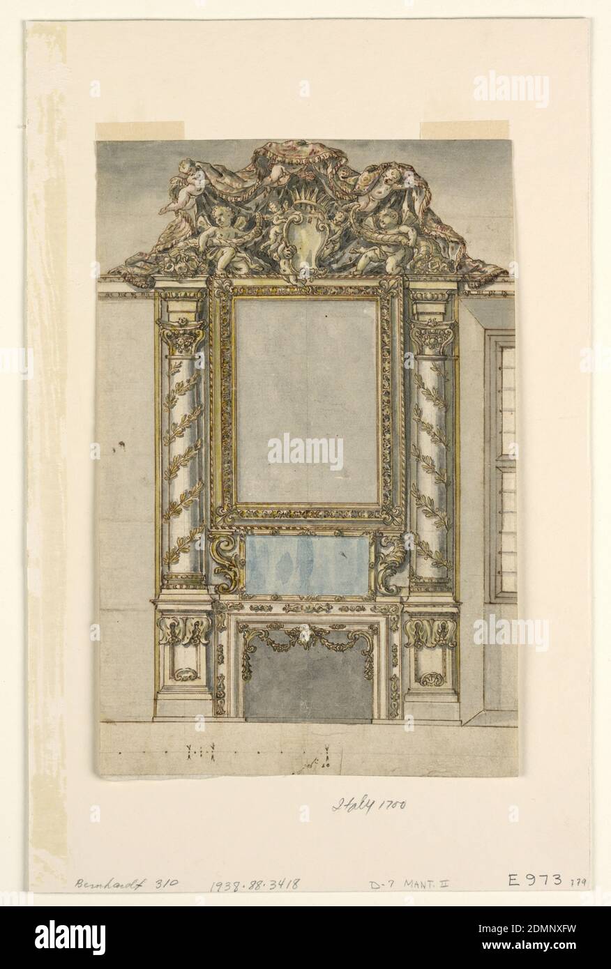 Design for a Chimneypiece with Overmantel, Pen and brown ink, blue ...