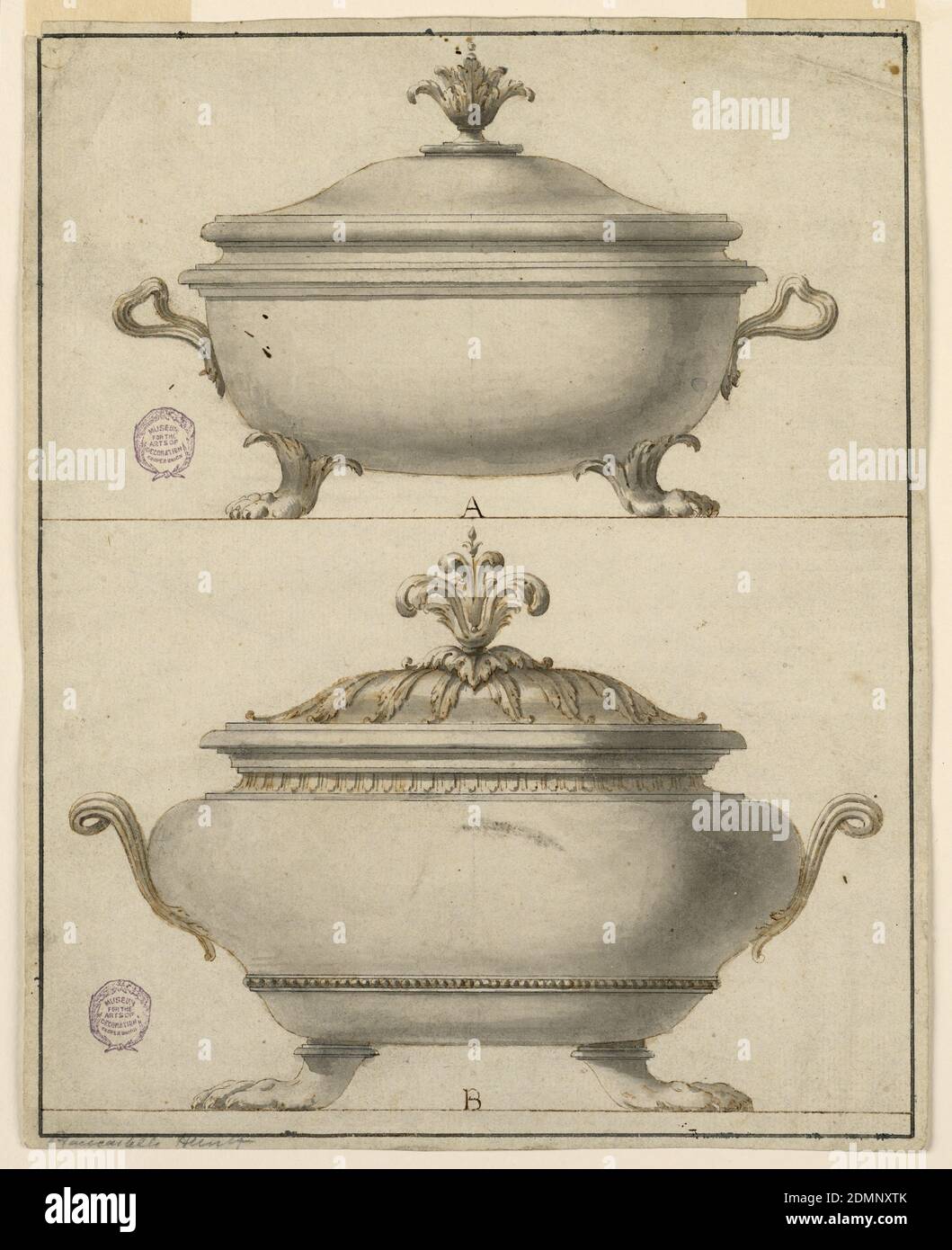 Two Tureens, Pen and ink, brush and wash on paper, Page divided ...