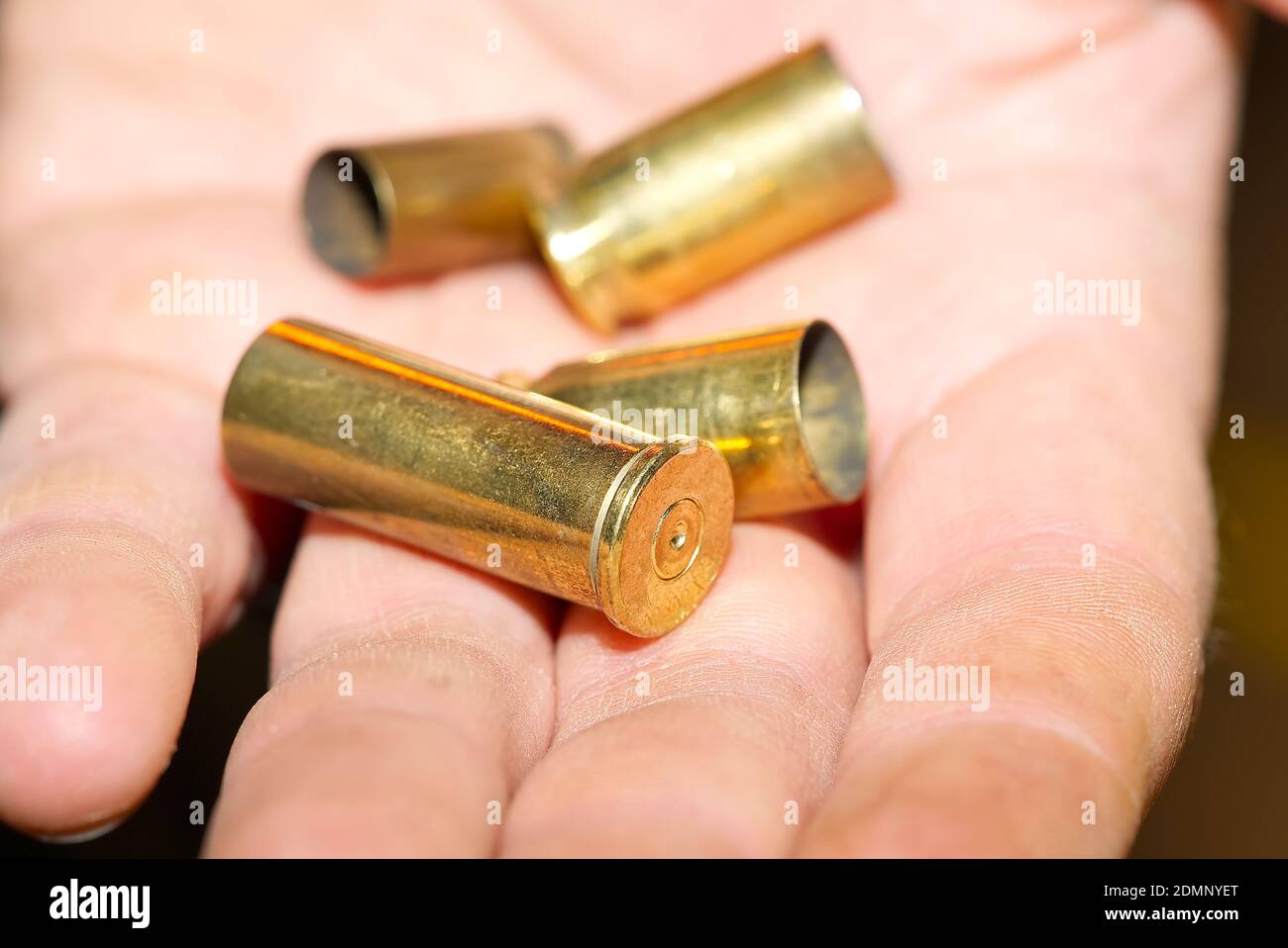 close-up of bronze cartridge cases on a hand in a shooting range or at ...