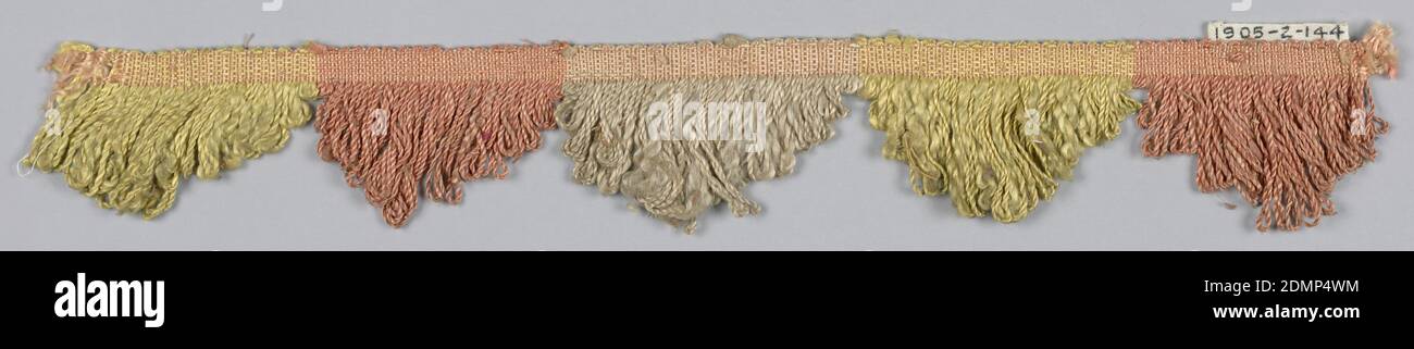 Fringe, Medium: silk Technique: woven, Fringe in pink, yellow and tan ...