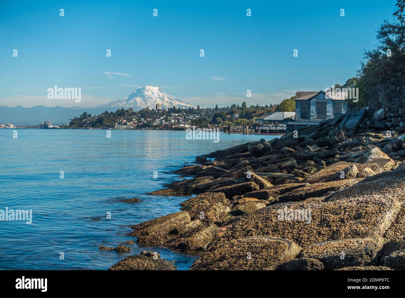 A view of the shoreline in Ruston, Washington. Mount Rainier can be ...