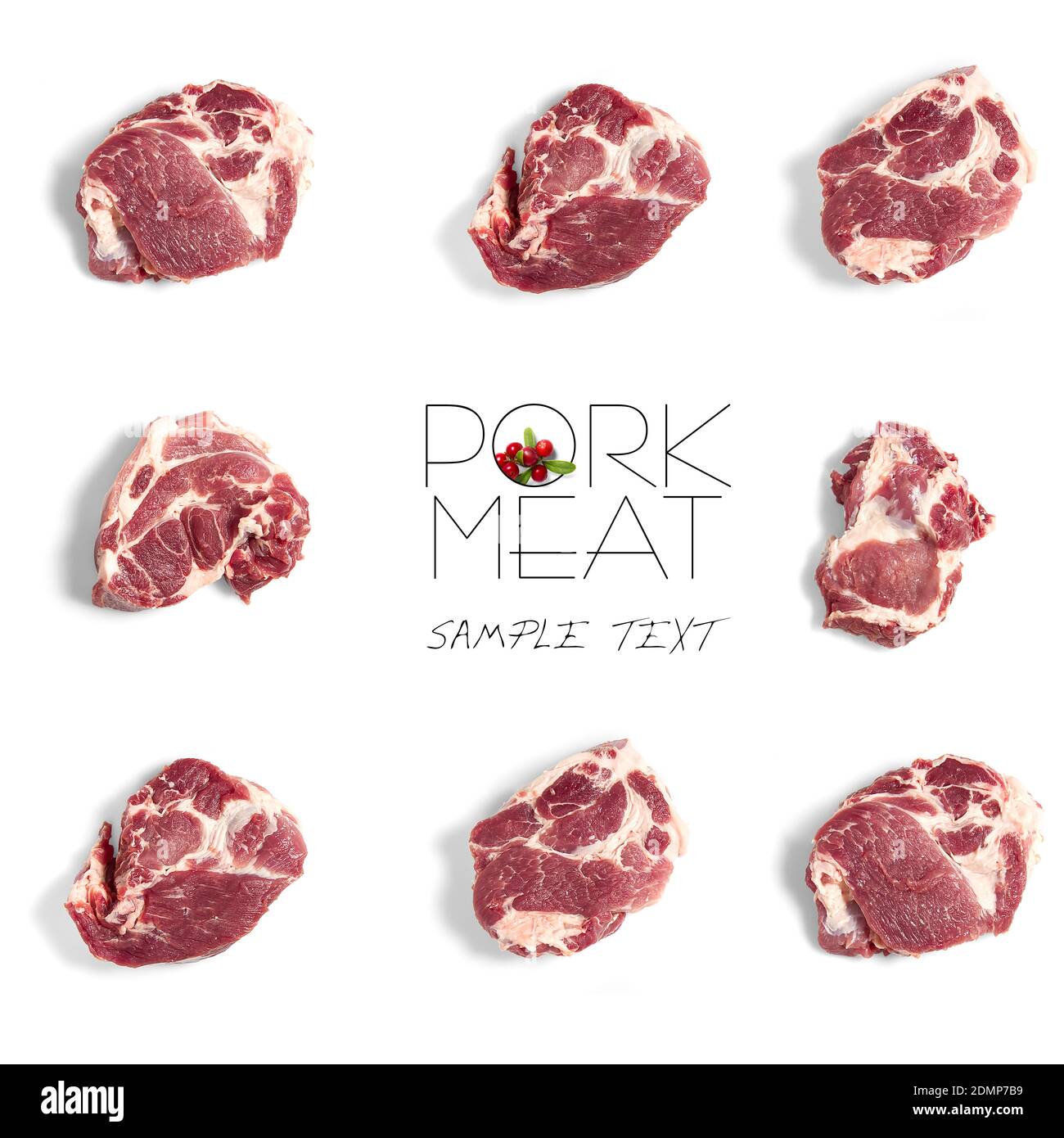 fresh pork raw meat steak creative layout for menu, background. set of ...