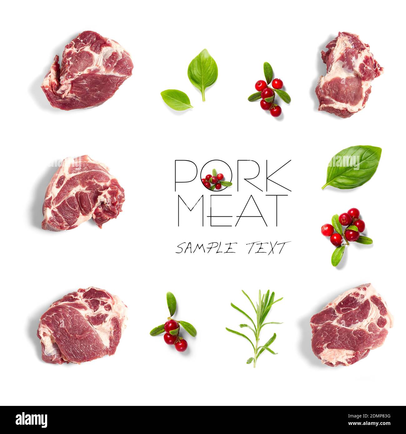 fresh pork raw meat steak creative layout for menu, background. set of ...