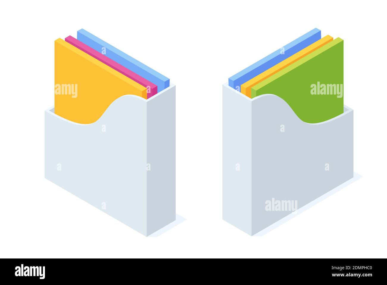 Isometric office paper tray with colorful folders and file document ...