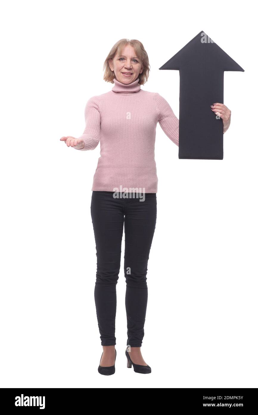 Front view of happy woman with direction arrow sign Stock Photo - Alamy