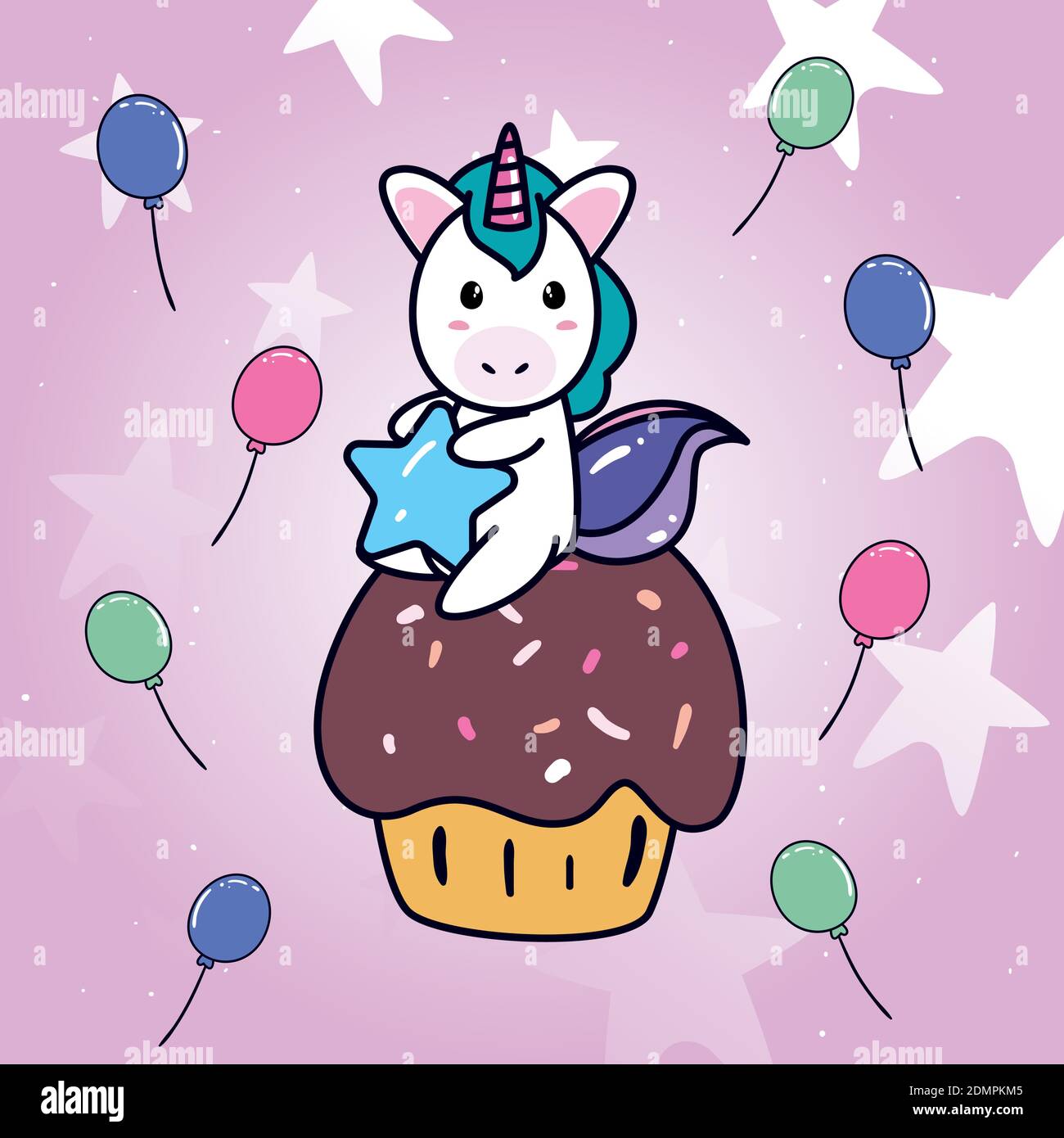 unicorn horse cartoon on cupcake with balloons design, magic fantasy ...