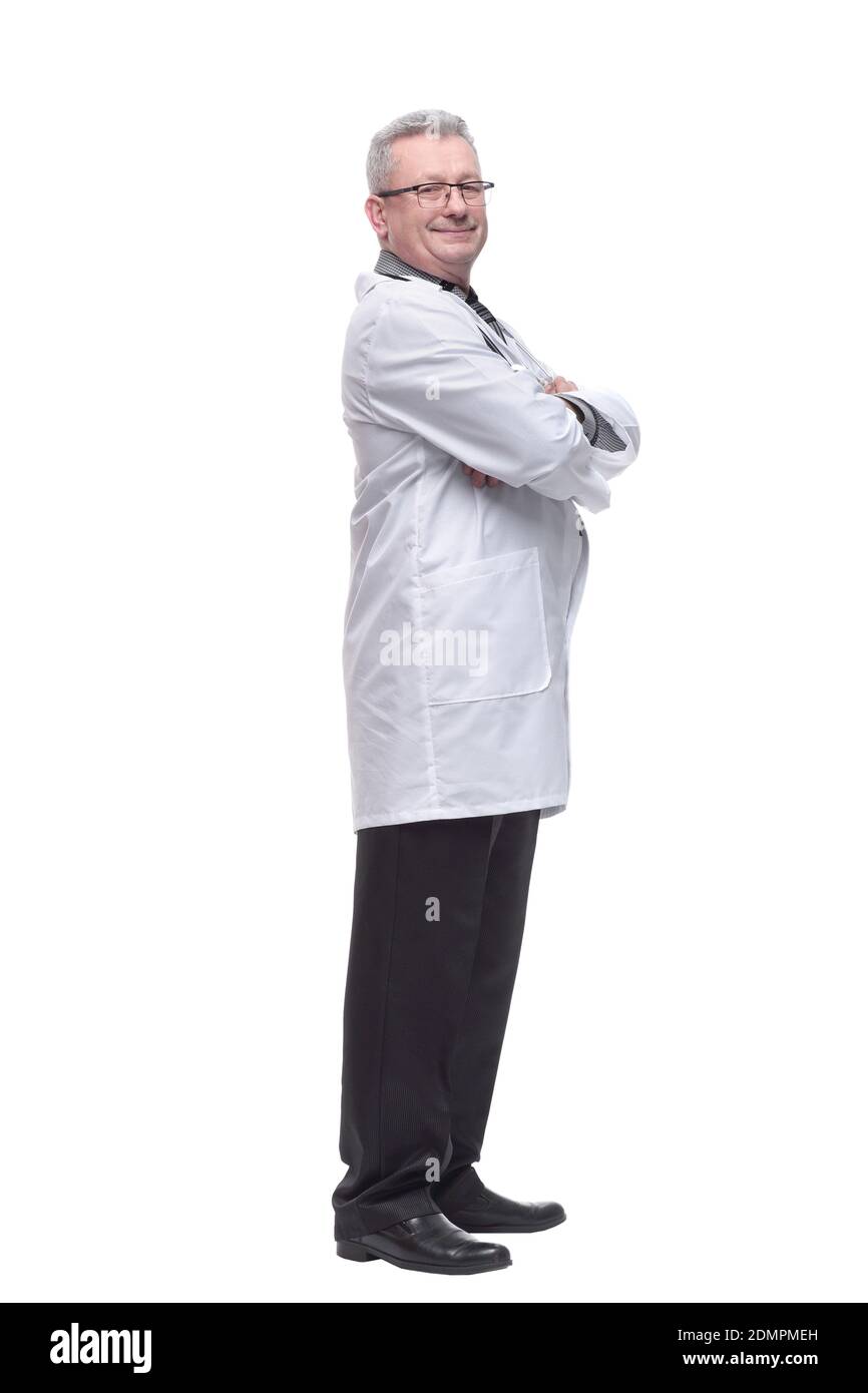 Professional doctor with stethoscope and wearing glasses in a side view ...