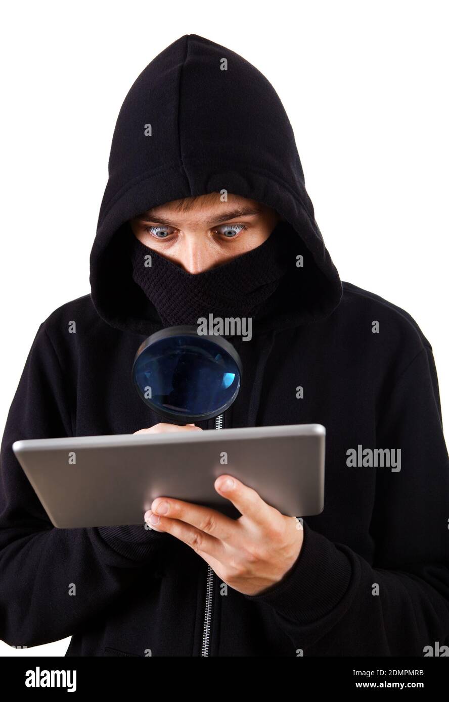 Surprised Hacker with a Tablet and Magnifying Glass Isolated on the ...