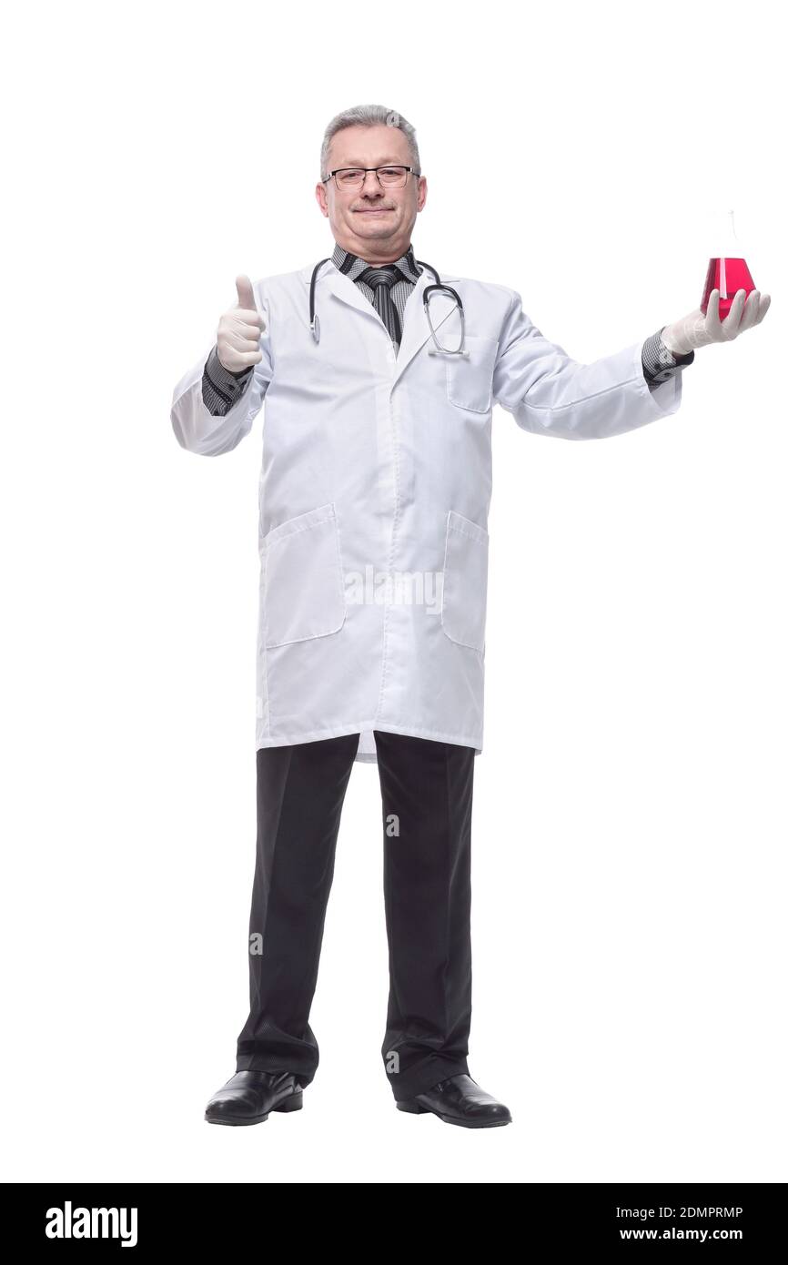 Doctor holding up beaker of red chemical in the laboratory Stock Photo ...