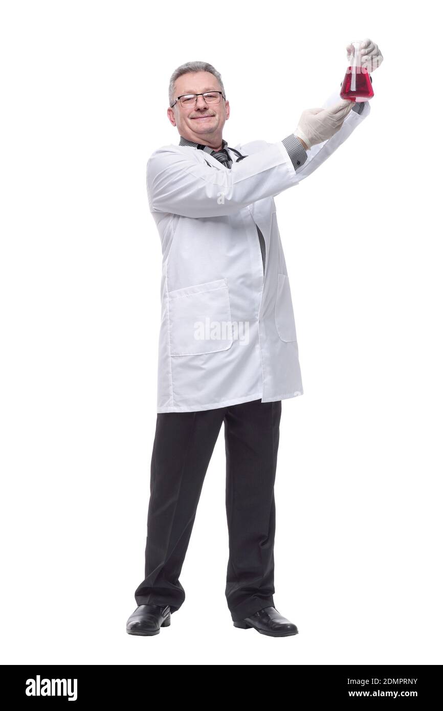Doctor holding up beaker of red chemical in the laboratory Stock Photo ...