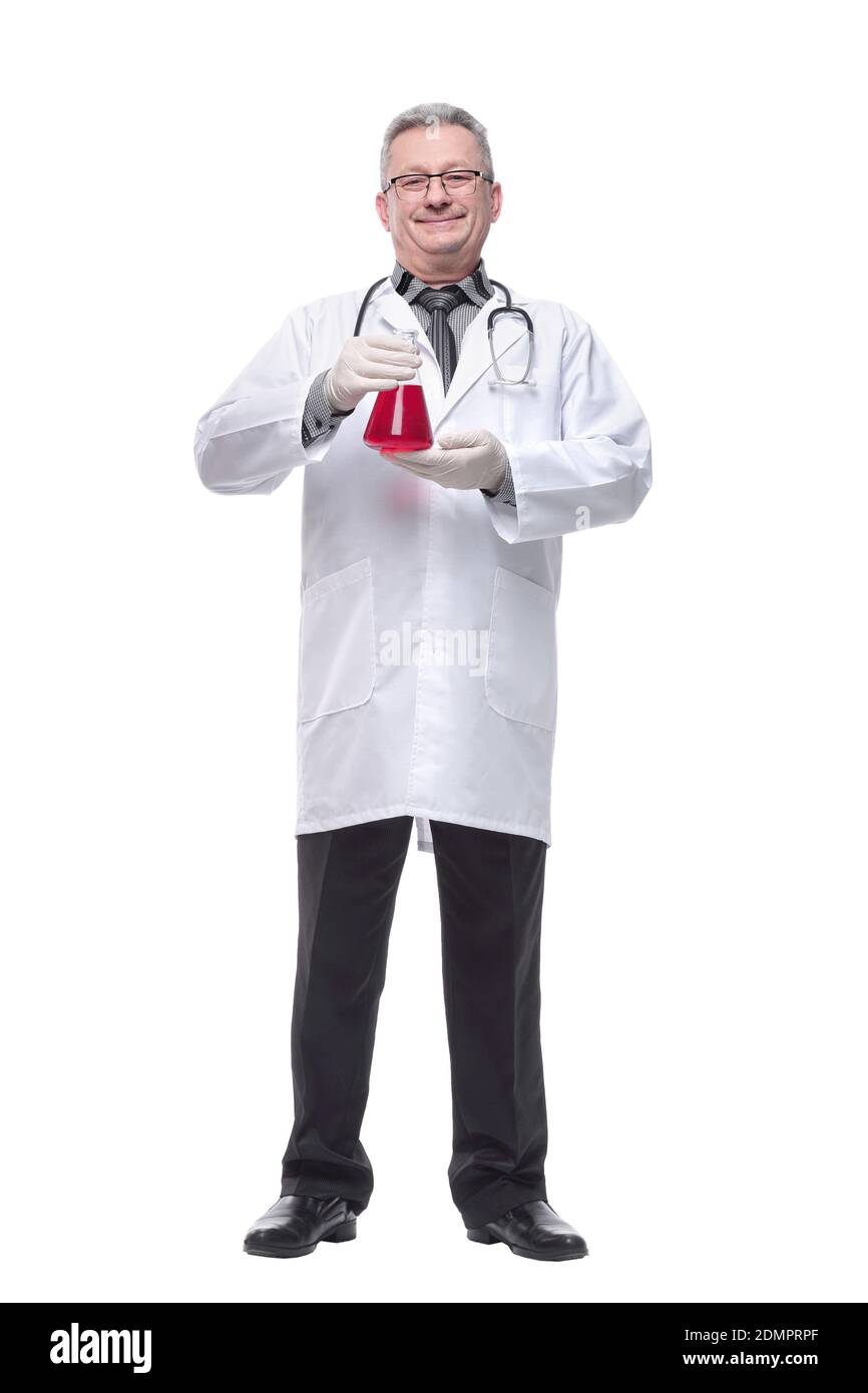 Doctor holding up beaker of red chemical in the laboratory Stock Photo ...