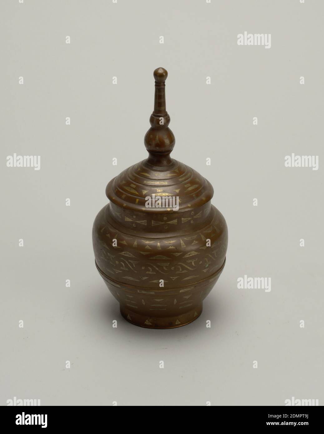 Jar and cover, Bronze, inlaid metal, Footed jar (a) cast in two parts ...