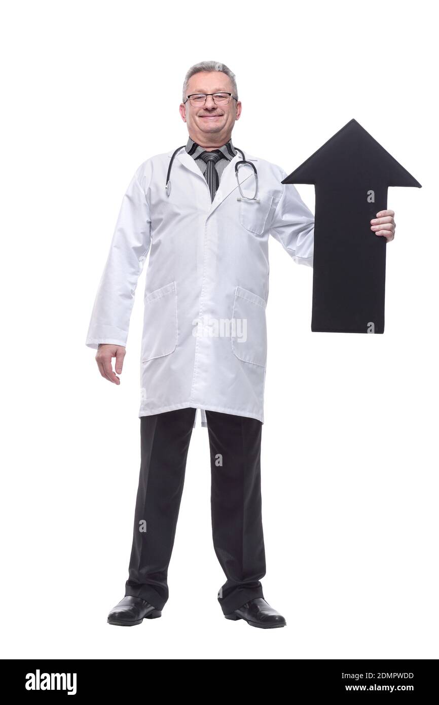 Mature doctor holding a black arrow pointing right Stock Photo - Alamy