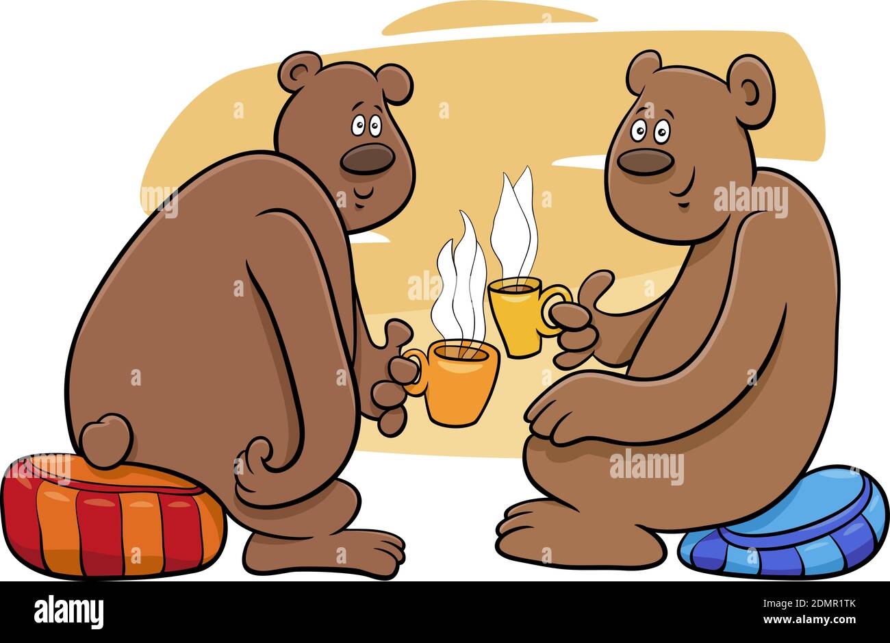 Cartoon illustration of two bears comic animal characters drinking tea ...
