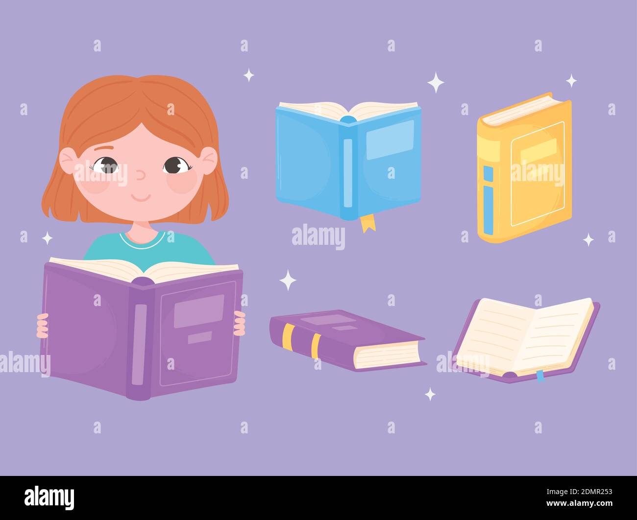 books girl read boook and various textbooks learning cartoon vector ...