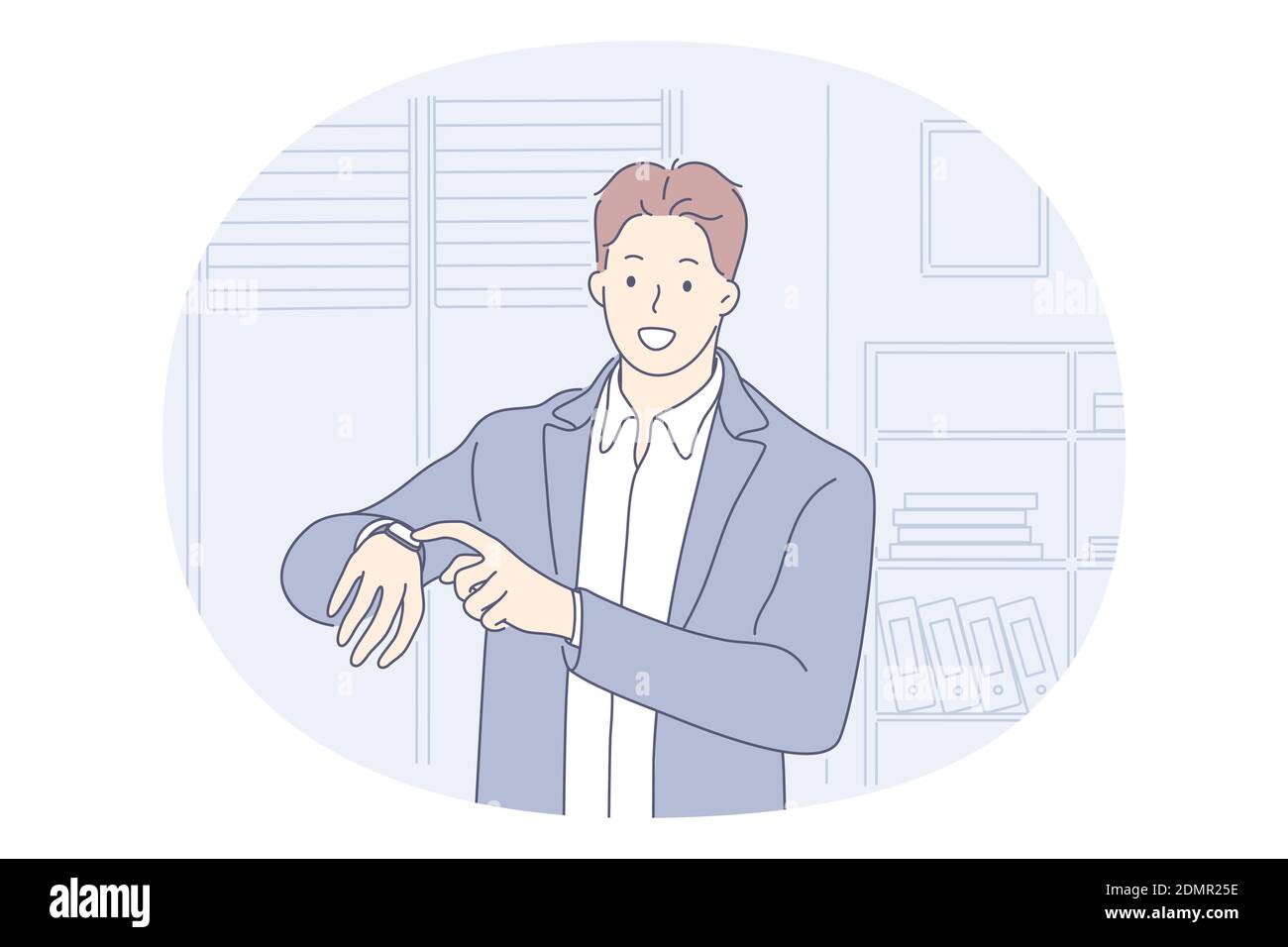 Time management, wristwatch, being on time concept. Young smiling ...