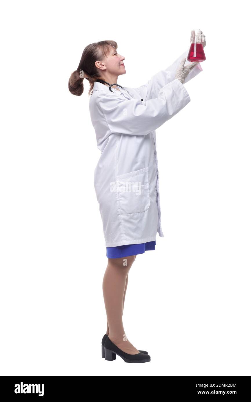 Scientist holding glass beaker with liquid on white background Stock ...