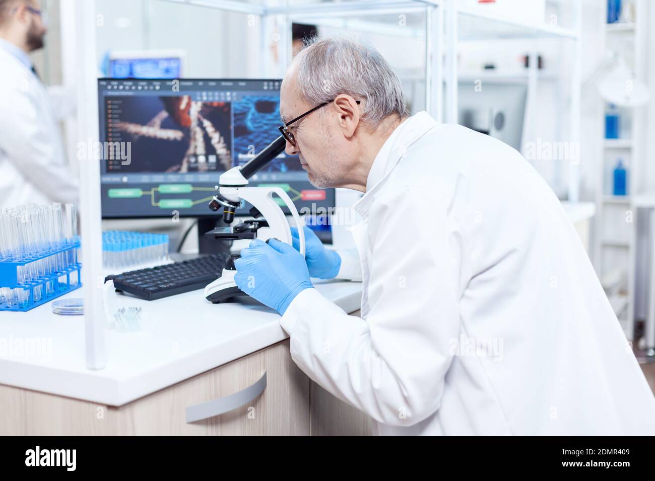 Senior caucasian scientist microbiology laboratory conducting virus ...