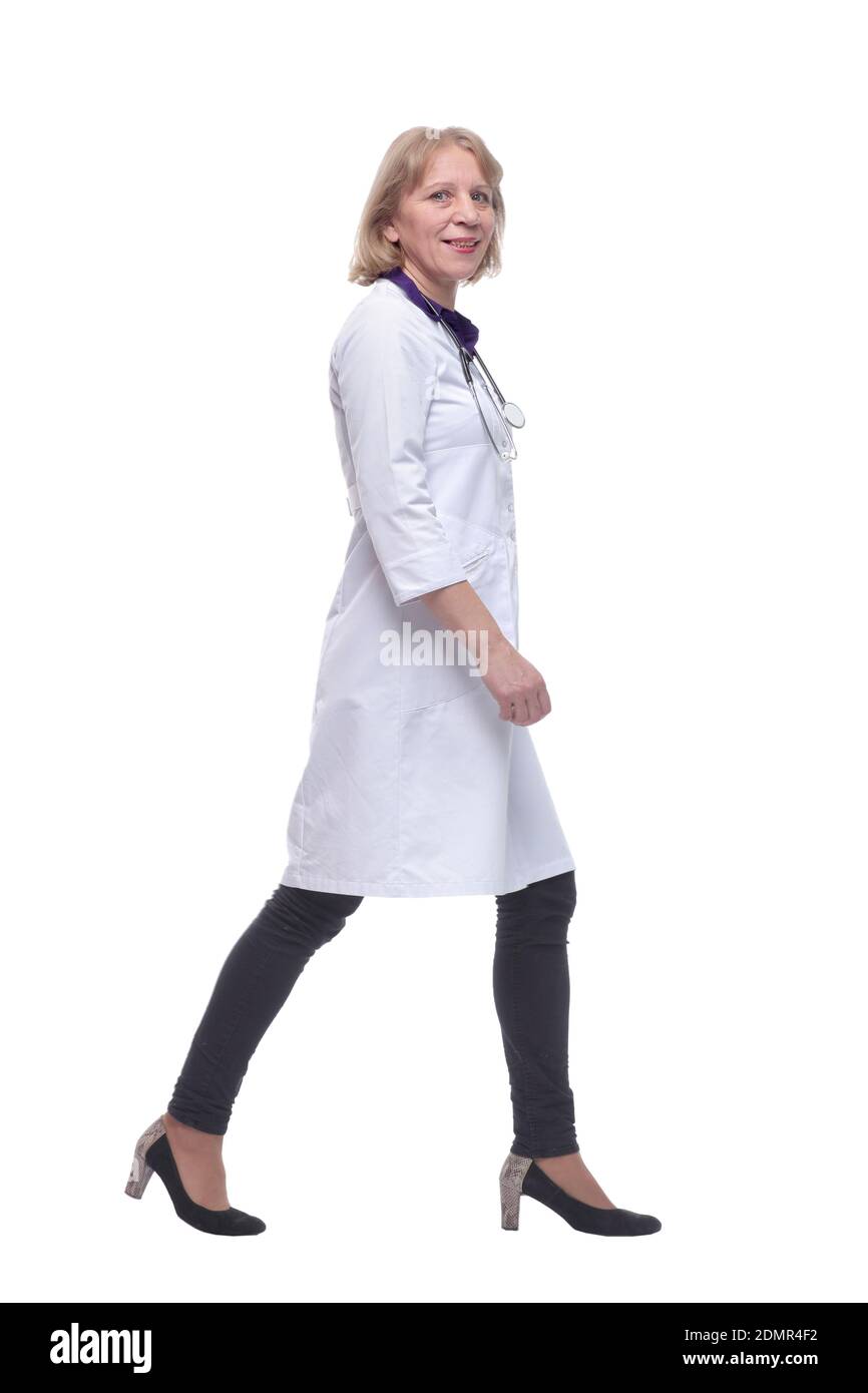 Full length portrait of medical doctor woman going sideways Stock Photo ...