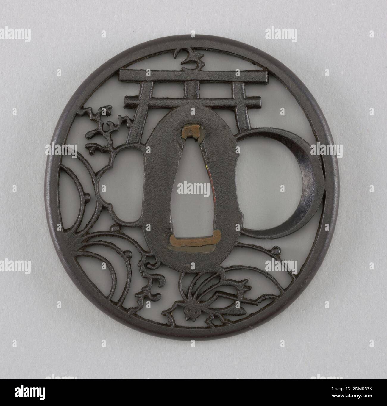 Tsuba, Iron, shakudo (a soft copper and gold alloy), Probably Akaska ...