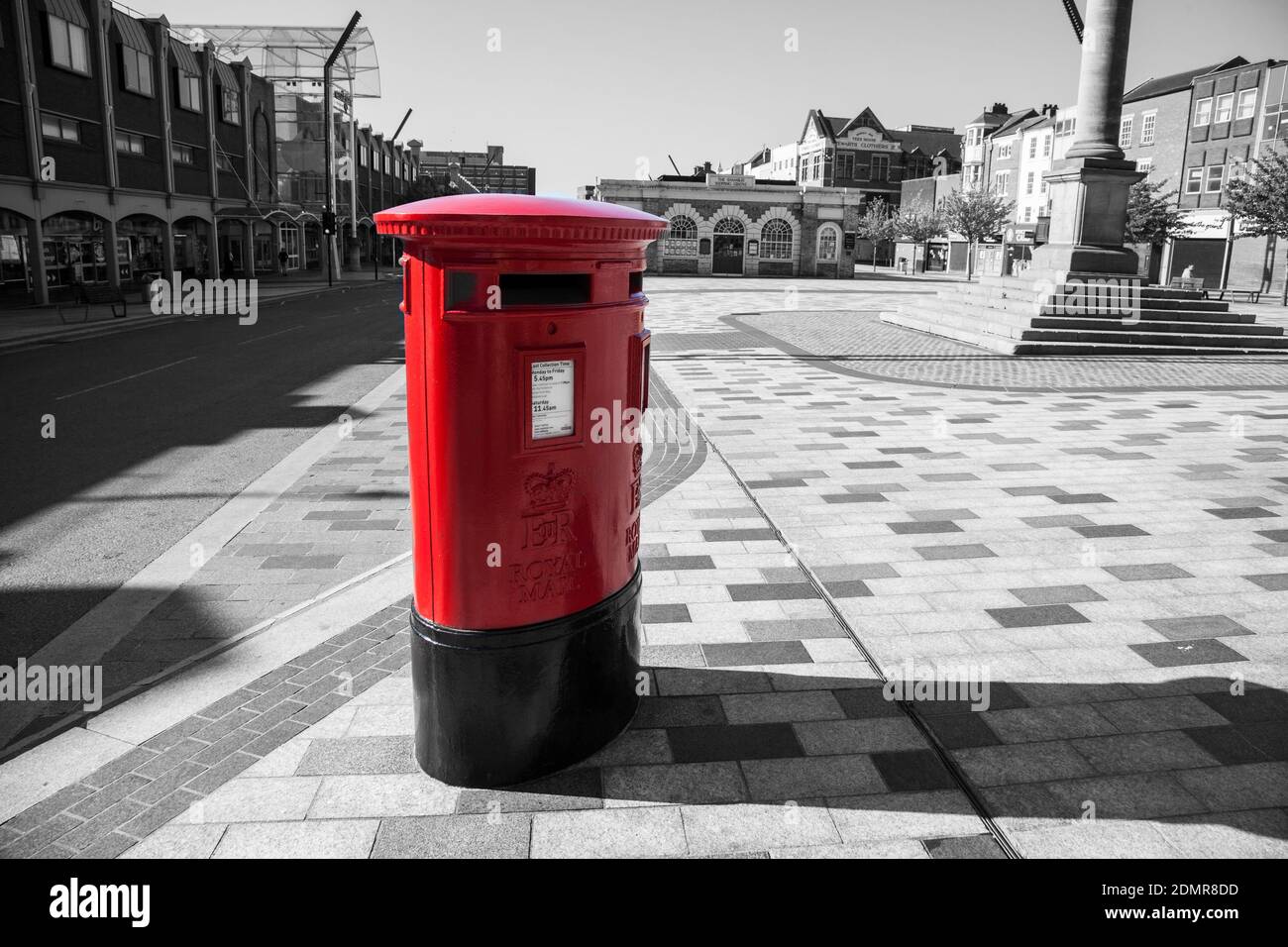 Red post box in monochrome photo of High Street,Stockton on Tees ...