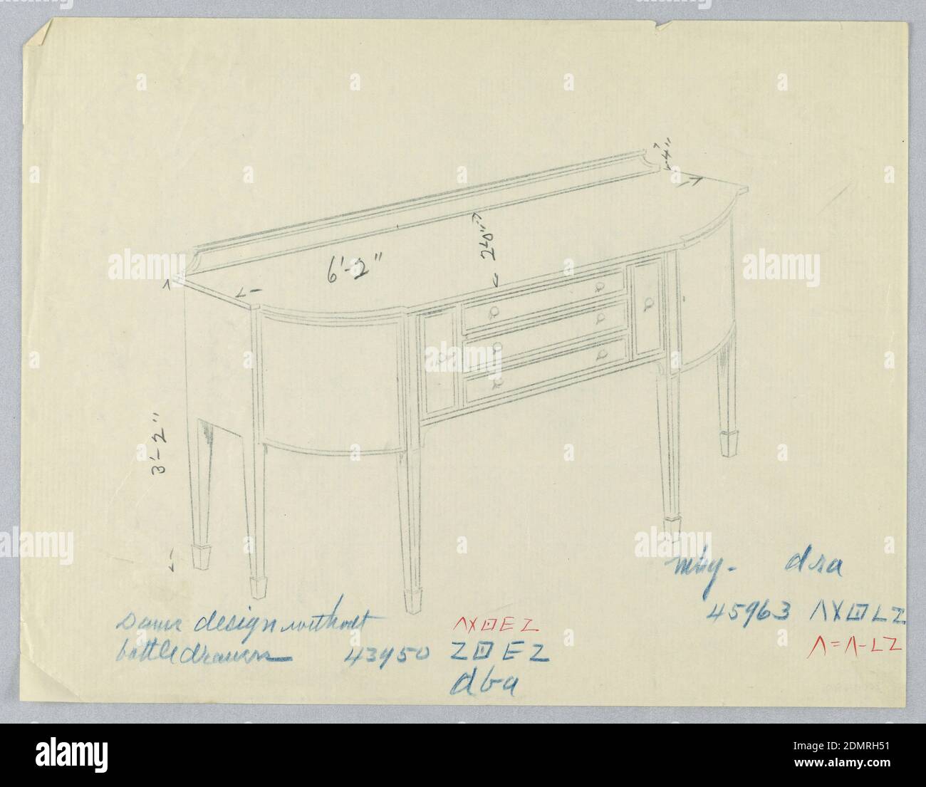 Design for Six-legged Sideboard with Rounded Corners and Five Central ...