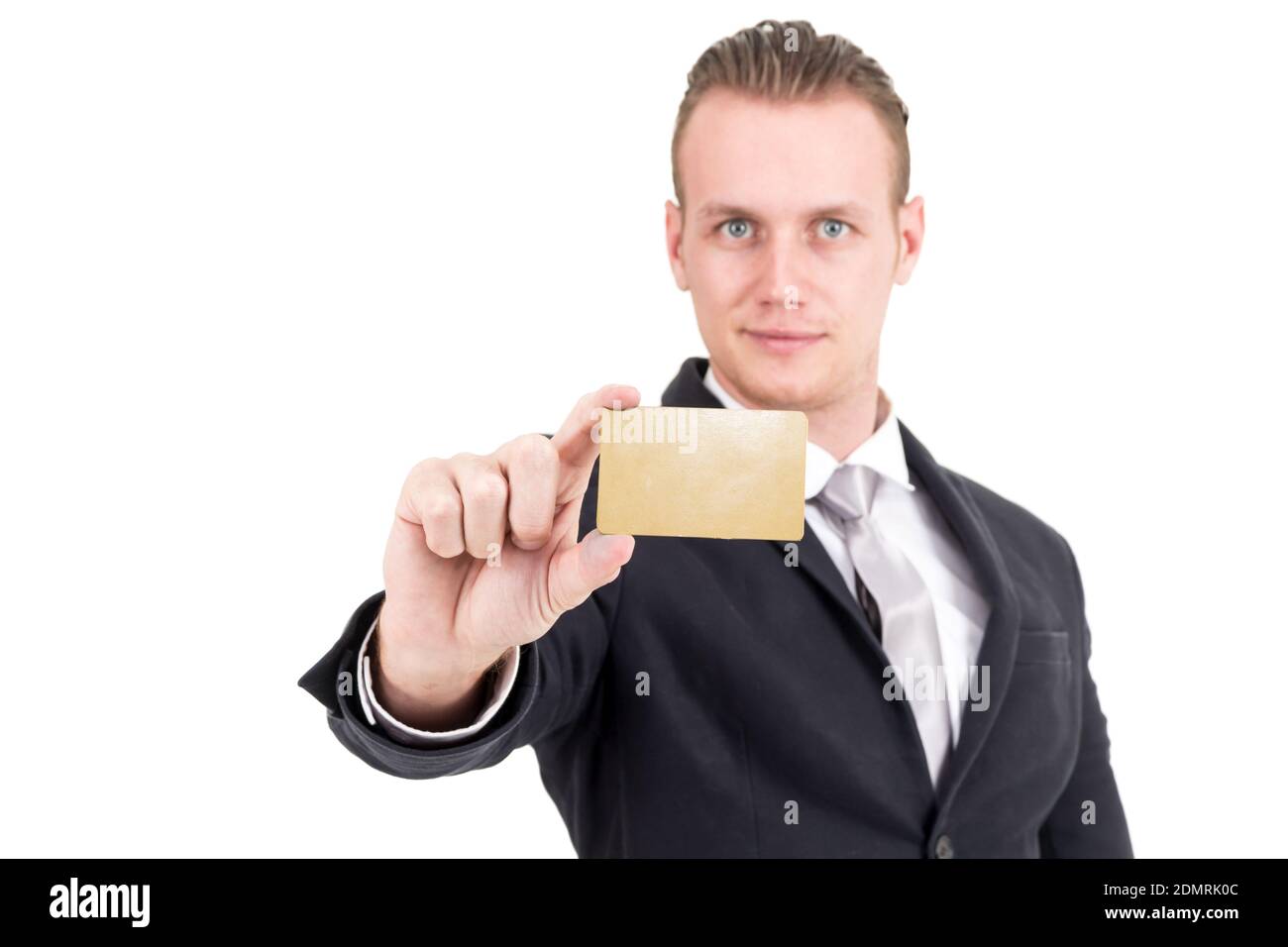 Portrait Of Businessman Holding Card Against White Background Stock ...
