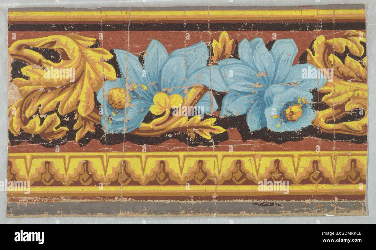 Border, Block-printed, Incomplete repeat of design of acanthus leaves ...